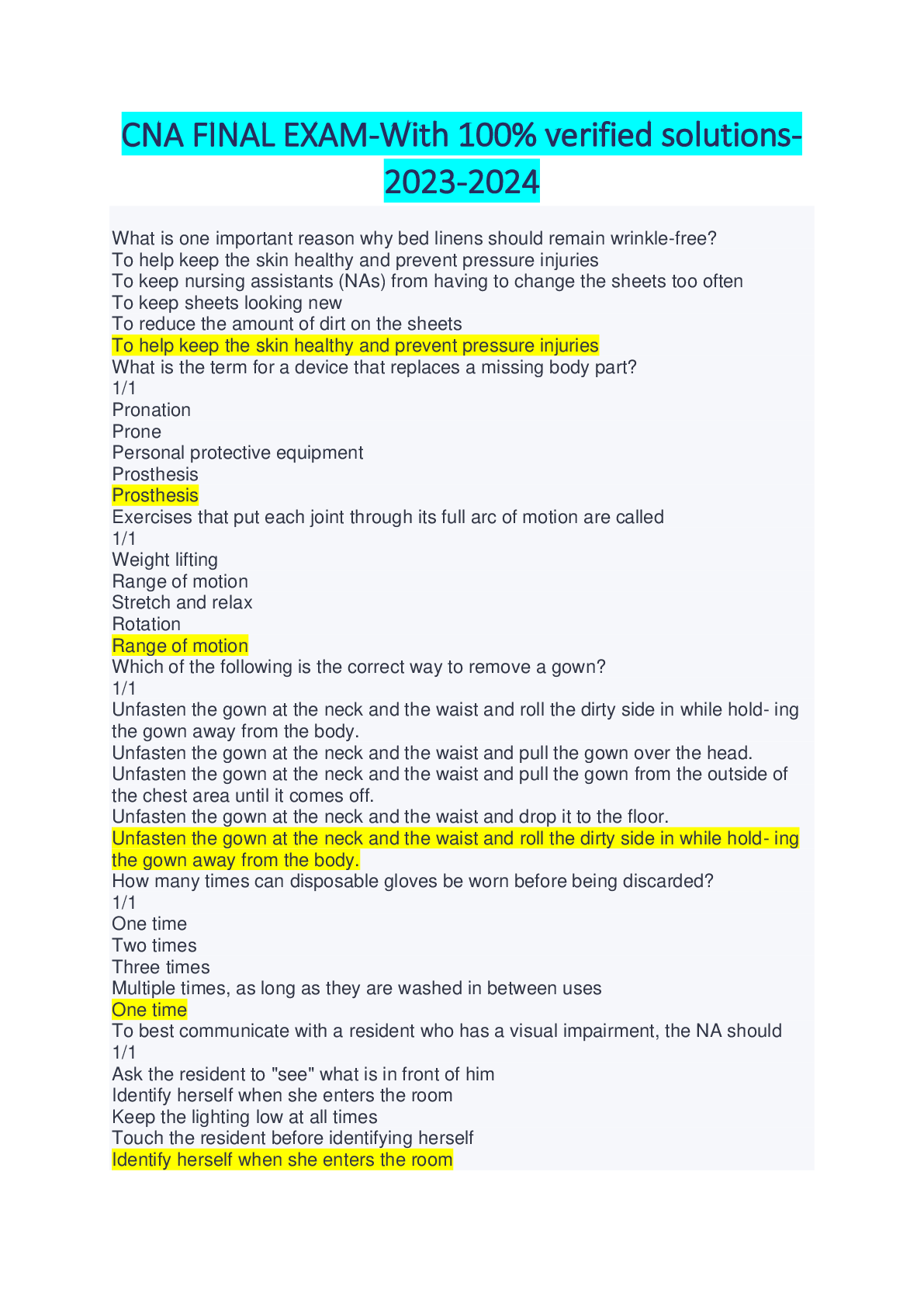 CNA FINAL EXAM-With 100% verified solutions-2023-2024 - Scholarfriends